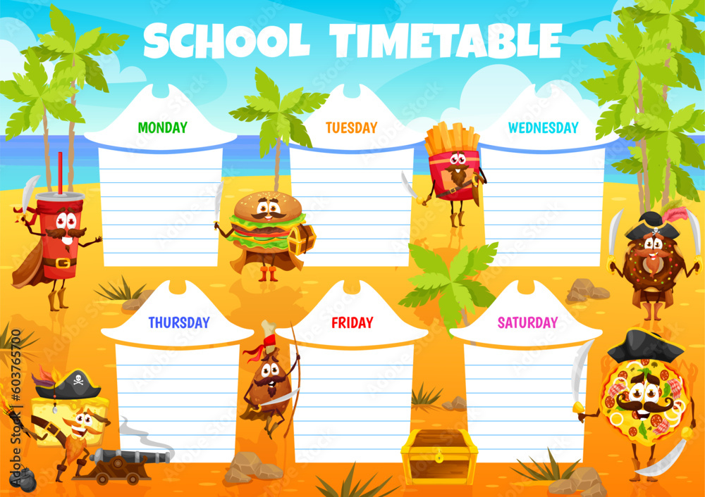 Timetable schedule cartoon captain and pirates fastfood characters ...