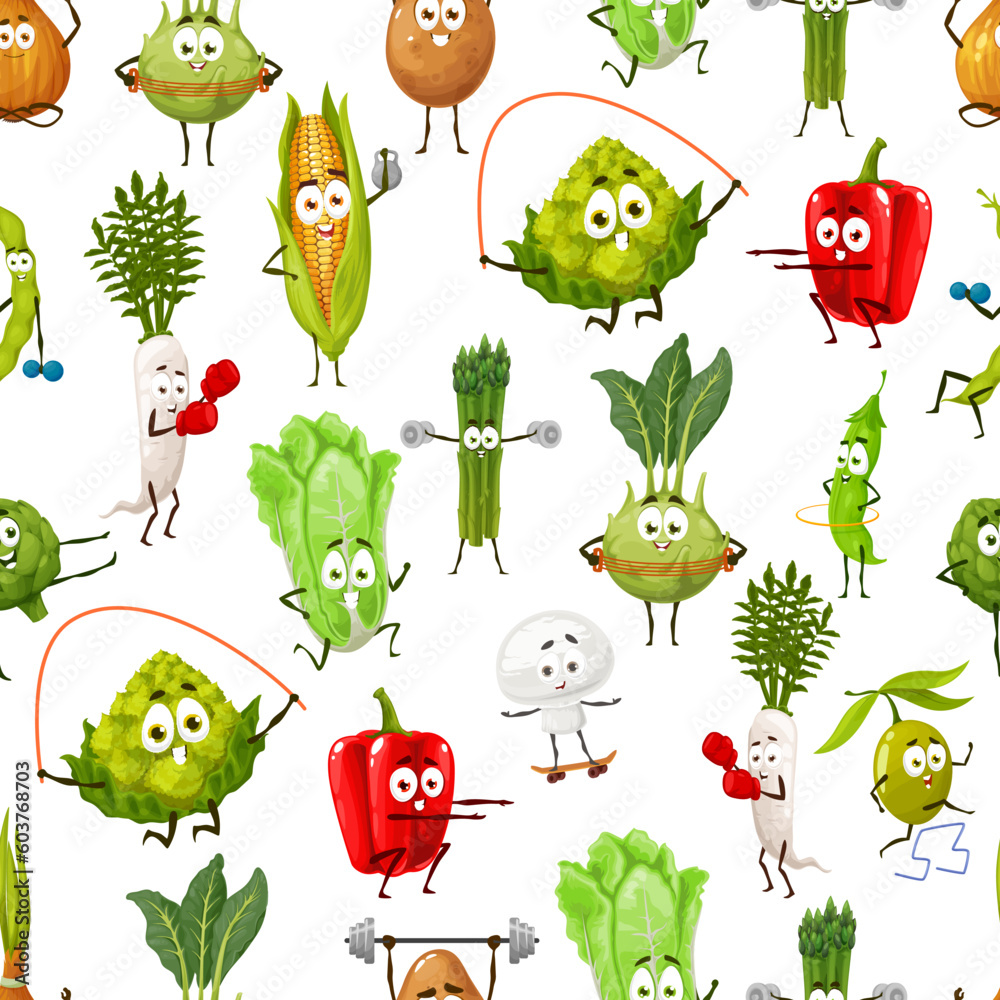 Cartoon vegetable characters on fitness. Seamless pattern with happy ...