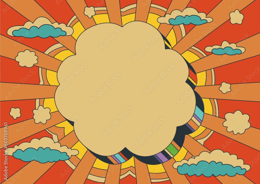 1960s-1970s Retro Hippie Style Summer Background. Psychedelic Sun Rays ...