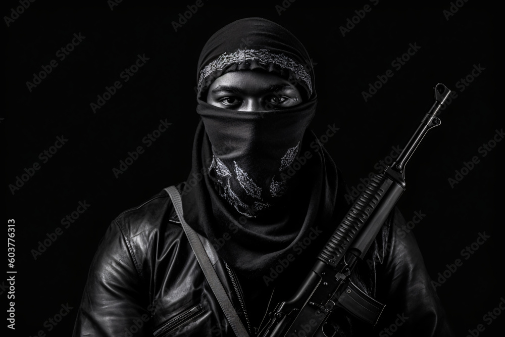 Masked bandit or terrorist wearing a bandana and carrying a weapon ...