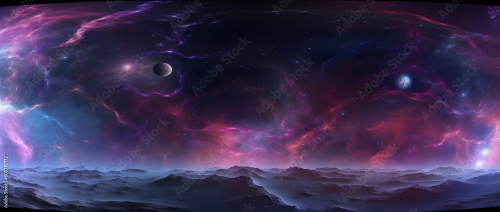 360 degree equirectangular projection space background with nebula and ...