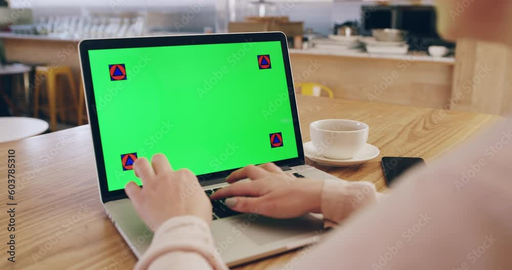 Woman, hands and laptop green screen typing at cafe in small business ...