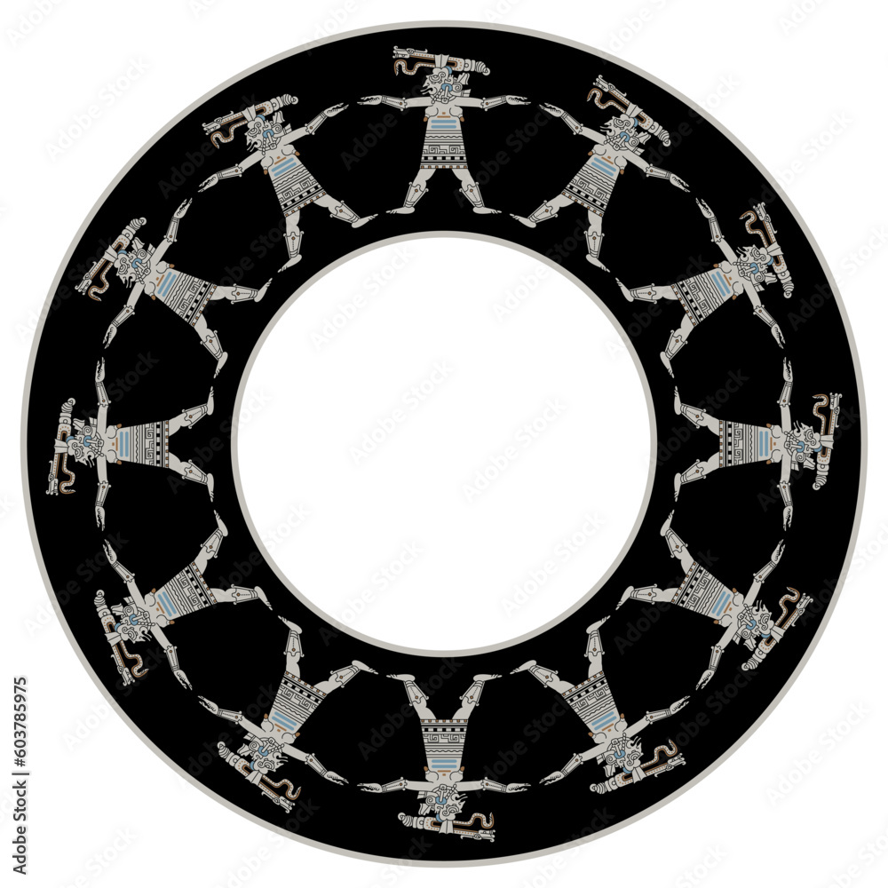 Vetor de Circular ethnic frame with figurines of ancient Mayan goddess ...