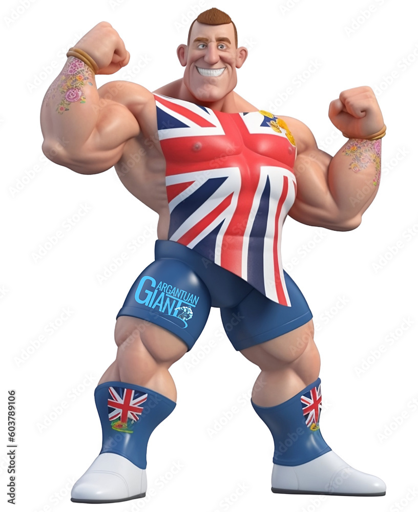 English bodybuilder with england flag t-shirt in double biceps posing ...