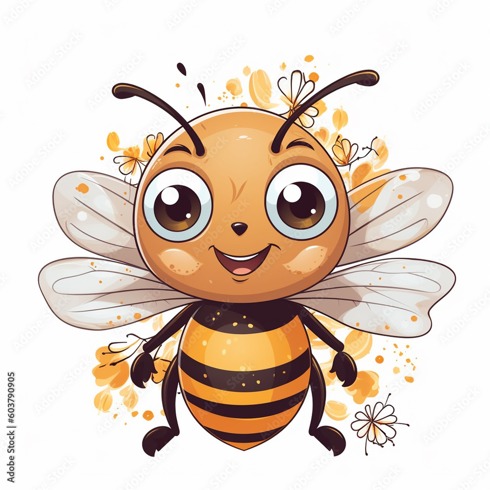 Cute cartoon bee with flowers on white background, Generative Ai Stock ...
