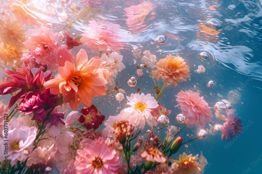 Underwater creative concept of fresh spring summer flowers. Floral ...