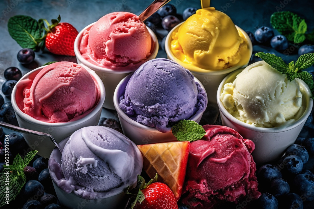 Various of ice cream flavor whit fresh blueberry, strawberry, kiwi ...