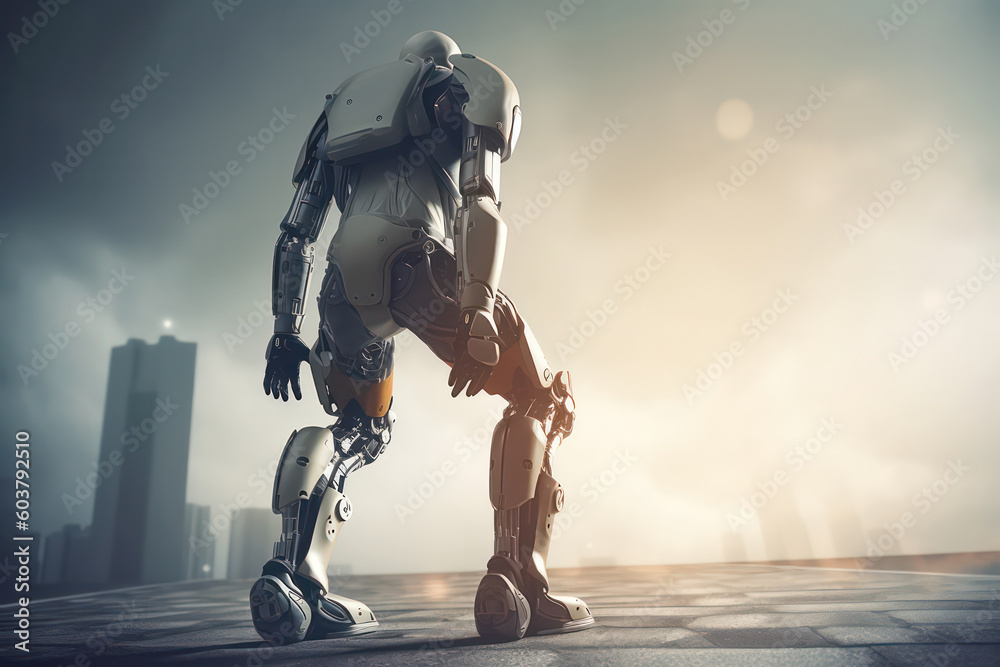 Human-like humanoid robot over futuristic cityscape background taking ...