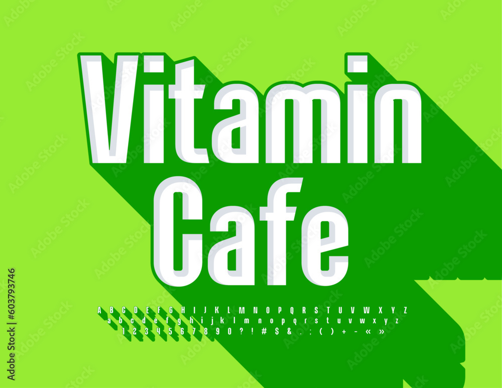 Vector healthy concept Vitamin Cafe. 3D White and Green Font. Alphabet ...
