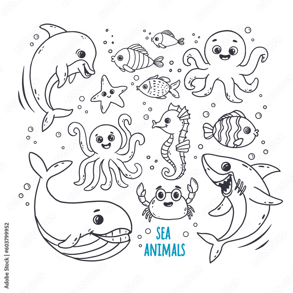 set of cute sea creatures and underwater animals, doodle. Whale ...