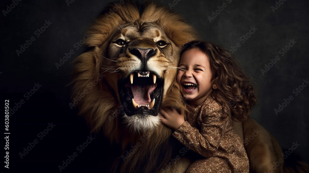 Fearless Female Child Laughing As She Sits Next to A Very Large Roaring ...