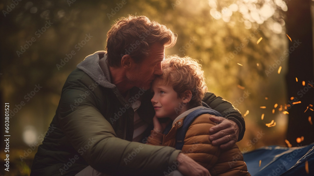 Touching Moment of A Father Hugging His Son At Their Campsite ...