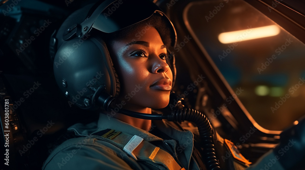 Proud African American Female Air Force Fighter Pilot In The Cockpit of ...