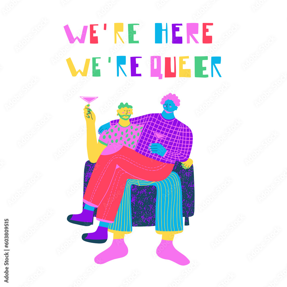 Queer people showing affection to each other and a hand written phrase ...