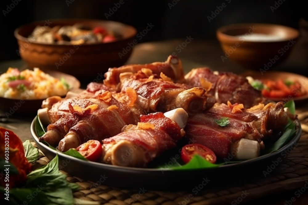 Close up view of a Crispy Pata, deep fried pig leg with garlic ...
