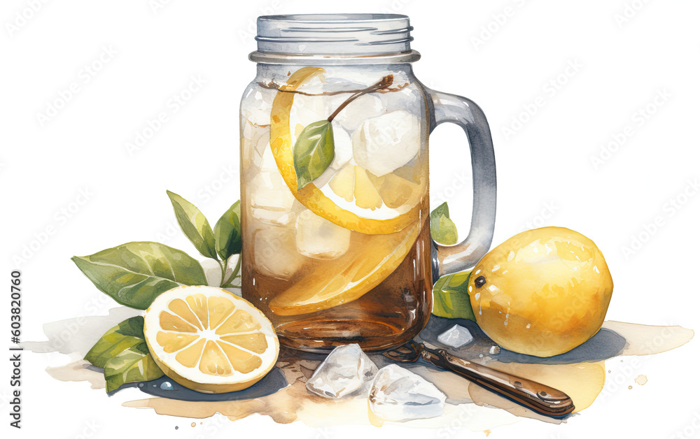 watercolor of lemon iced tea created with Generative AI technology ...