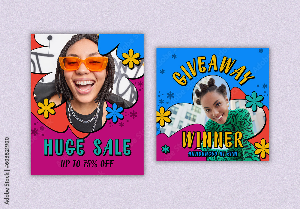 Bright Social Media Set with Floral Accents Stock Template | Adobe Stock