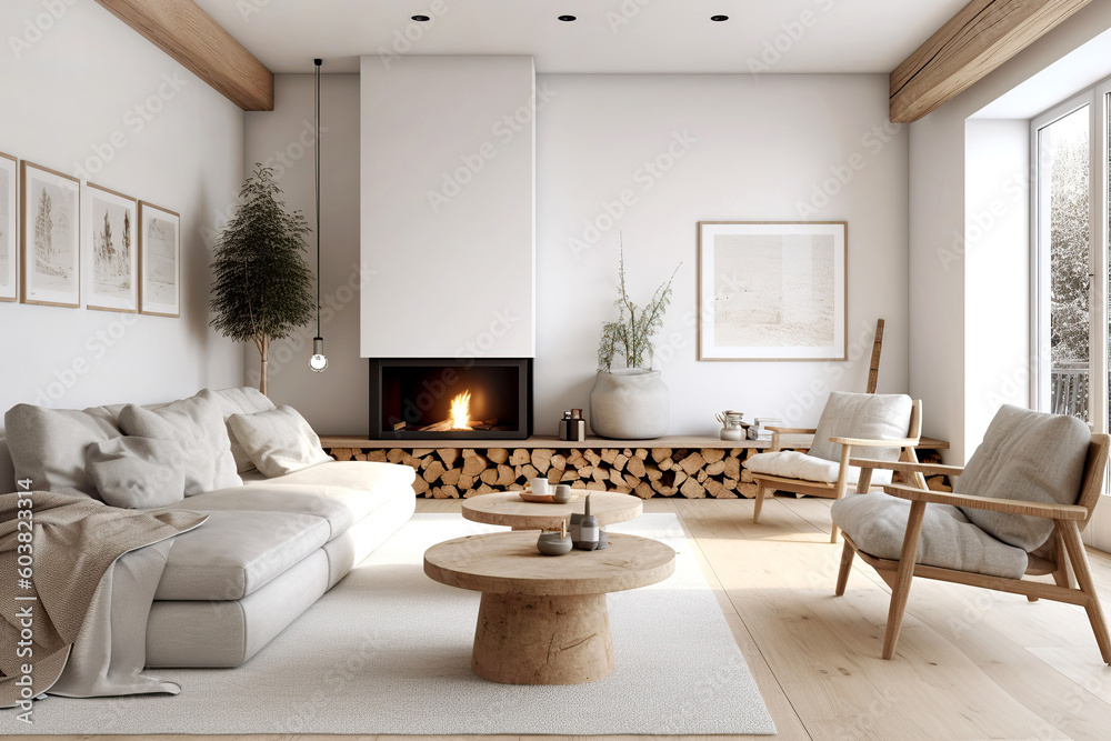 Interior design of scandinavian living room with fireplace and gray ...