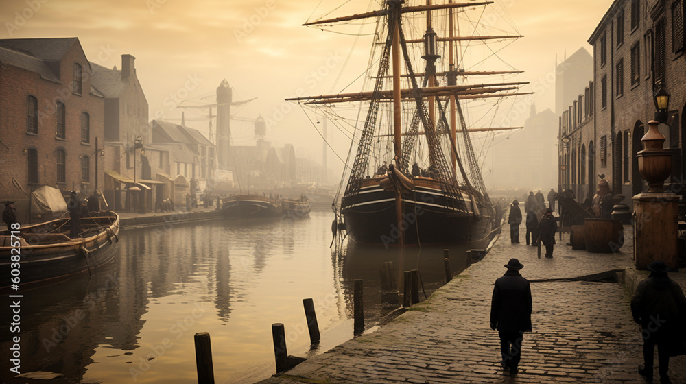 sixteeth century sea docks during dusk, moored ships, vivid colours and ...