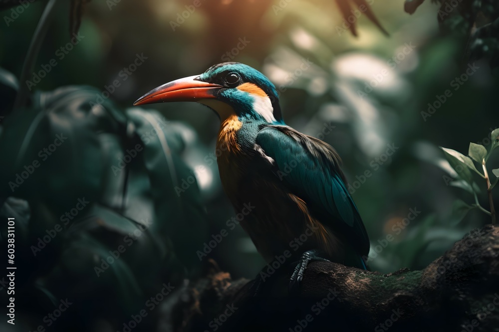 Colorful avian species in dense tropical habitat. , .highly detailed ...