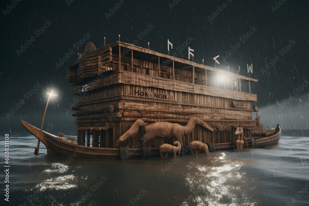 3D depiction of Noah s Ark on water , .highly detailed, cinematic shot ...