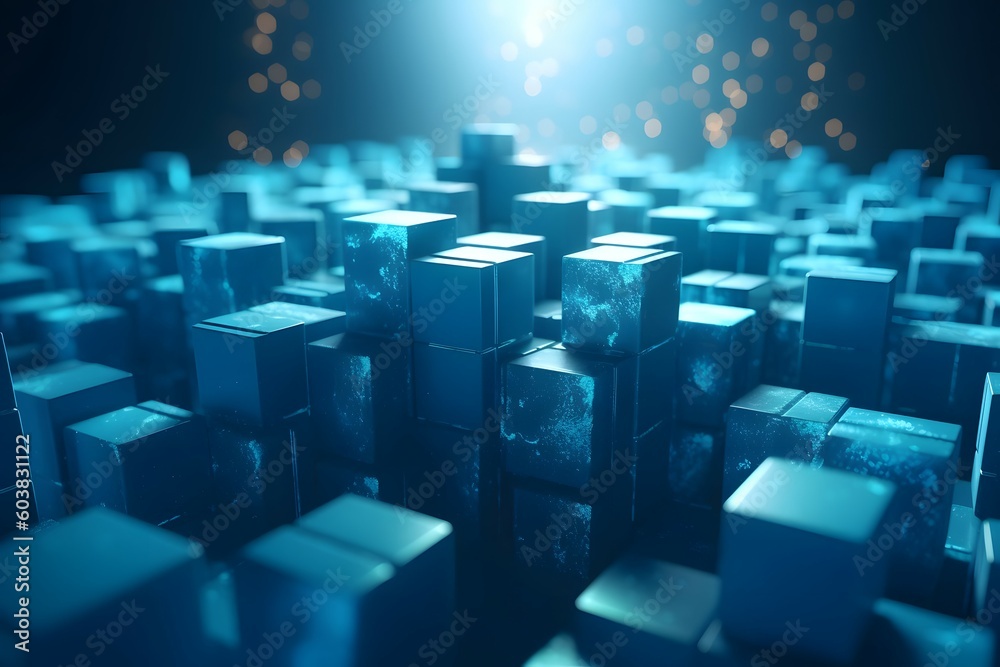 Precisely ordered shiny blocks on a futuristic blue backdrop ...