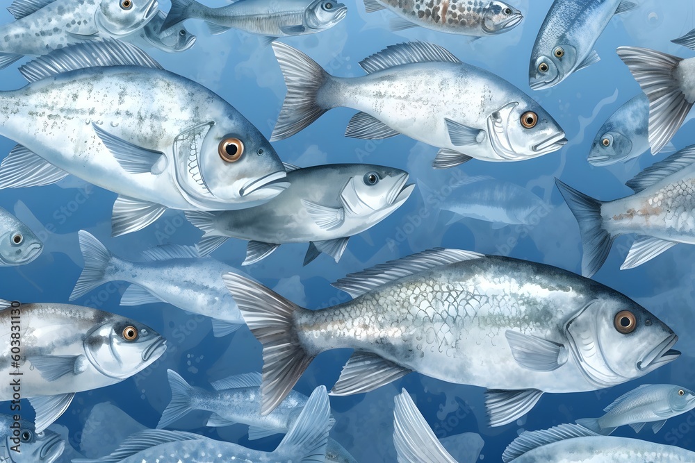 Seamless watercolor illustration of wild sea fish on blue background ...