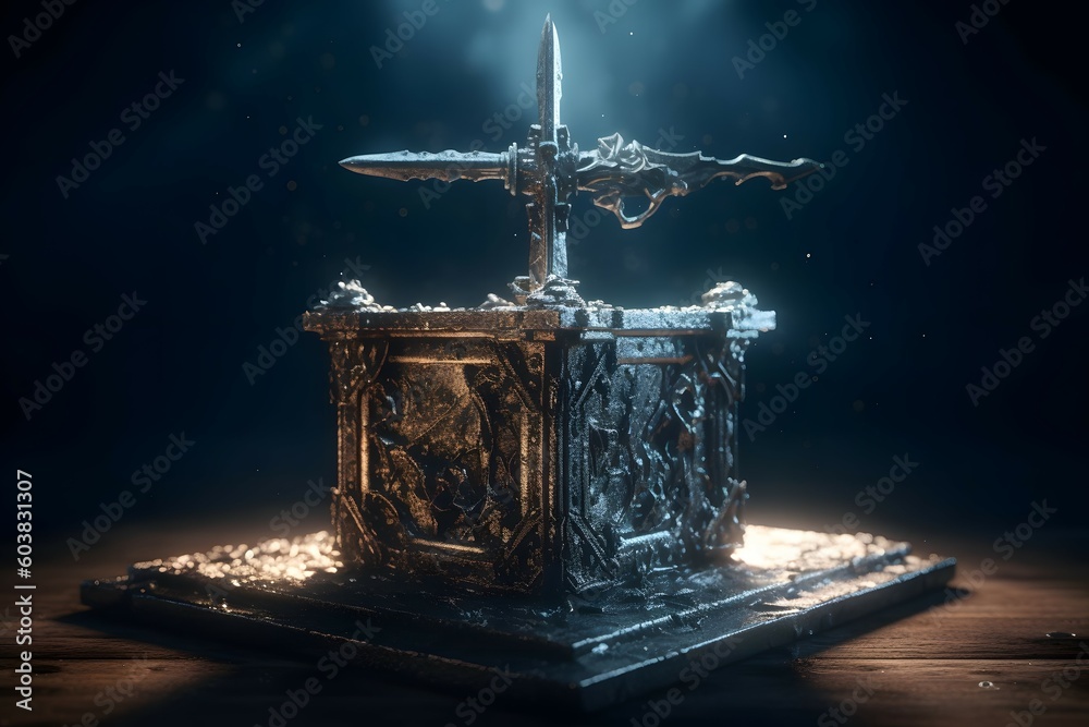3D sword embedded in cube , .highly detailed, cinematic shot photo ...
