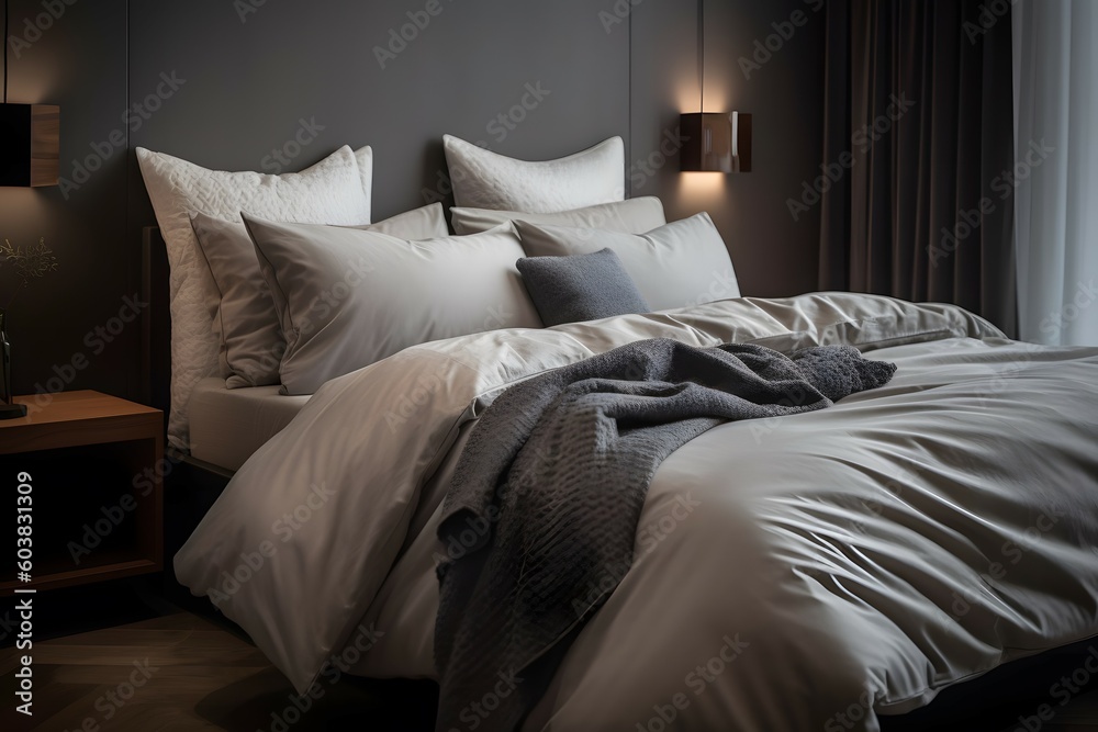 Bed and pillows in modern apartment bedroom , .highly detailed ...