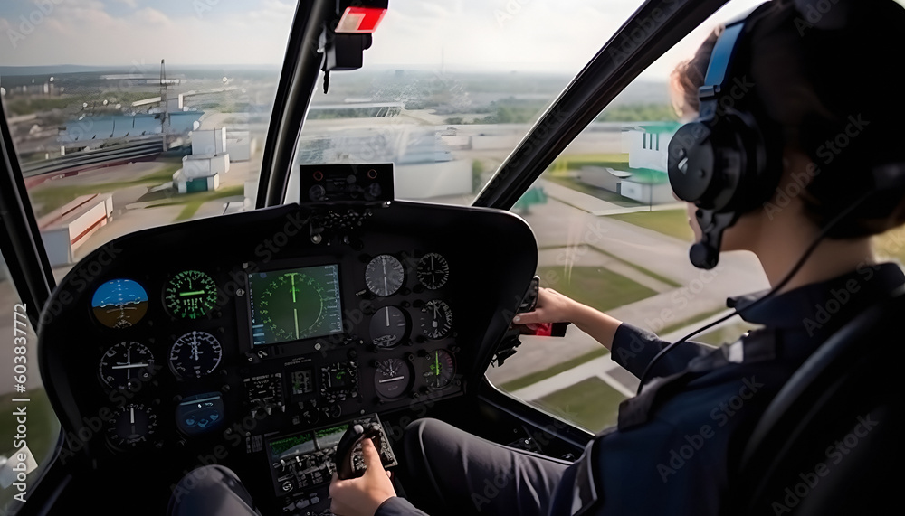 Back view Woman pilot in the cockpit of a helicopter in flight with a ...