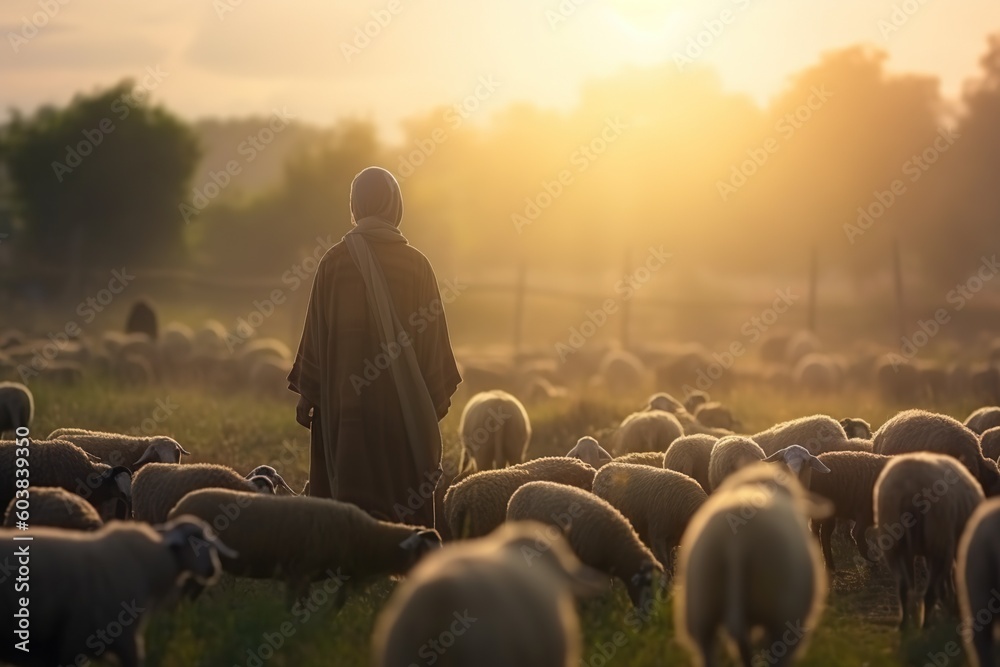 Shepherd jesus christ leading the sheep and praying to god, concept of ...