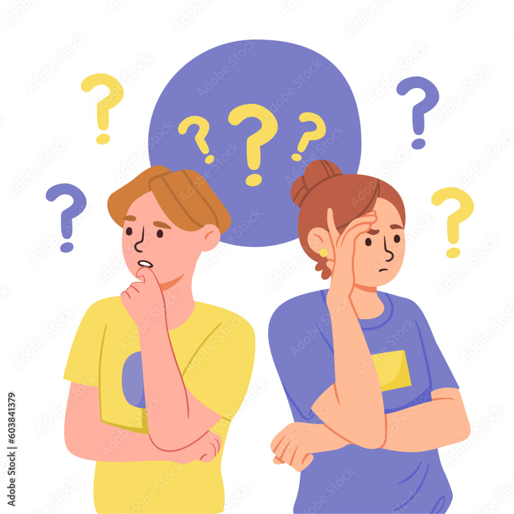 People think about choice. Man and woman next to speech bubble with ...
