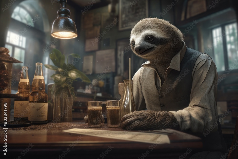 Anthropomorphic sloth in the role of a bartender in a bar or a waiter ...
