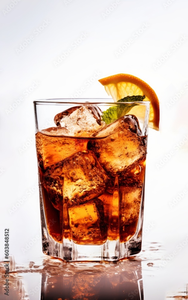 short glass with Rum and Coke Cocktail iced on white background created ...