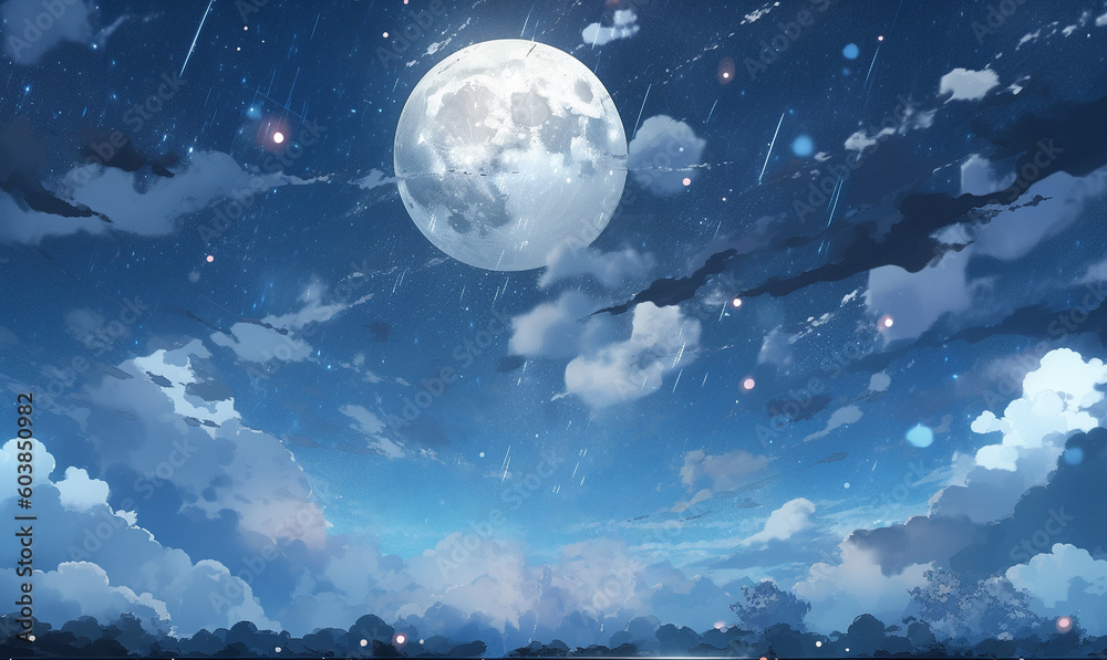 Beautiful full moon in the bright night sky in anime style generative ...