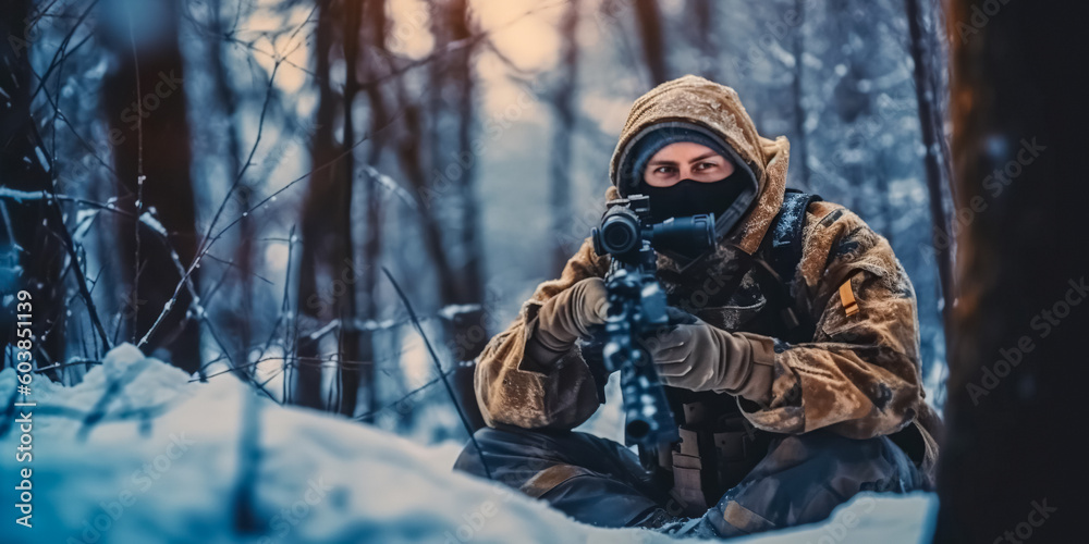 Army sniper aims through the telescopic sight. Army sniper with large ...
