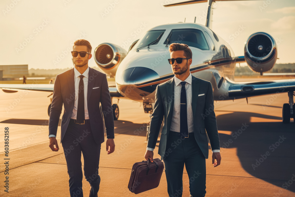 Business partners about to board a private jet. Two young businessmen ...