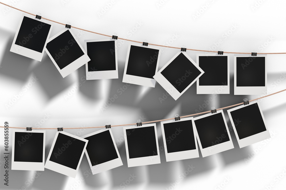 many photo frames attached to a rope with shadows for your design ...