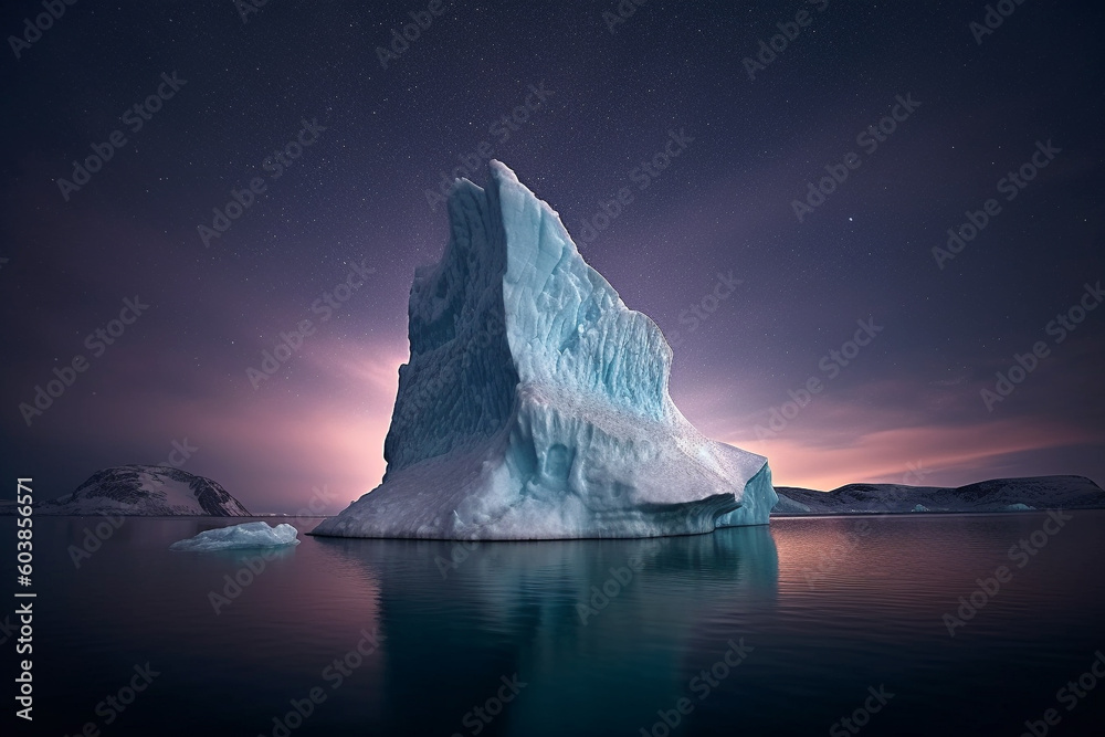 An iceberg at night at sea, stars, Milky Way, aurora borealis in the ...