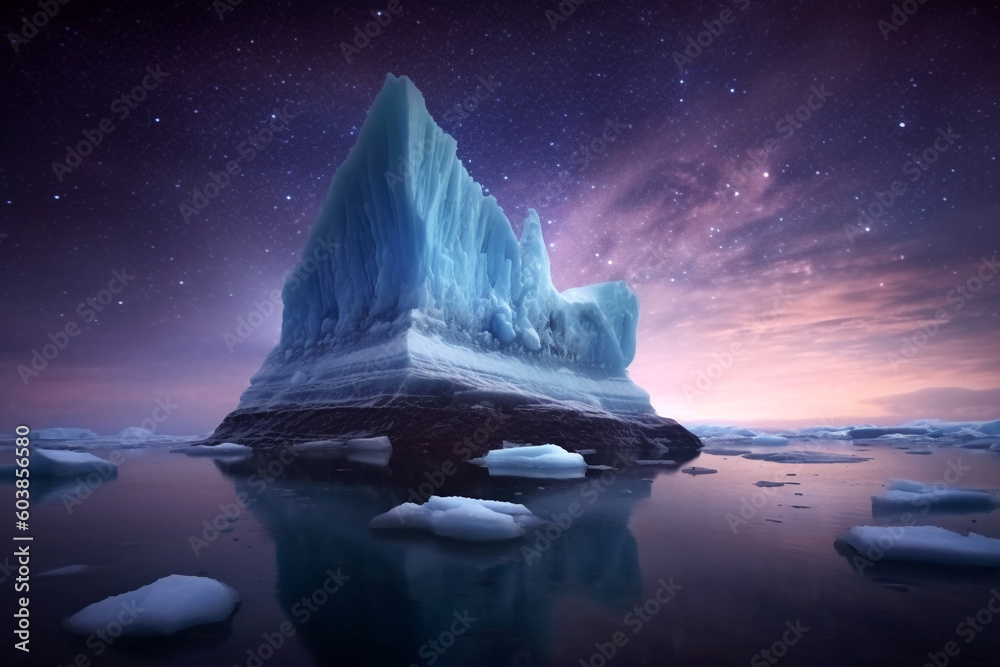 An iceberg at night at sea, stars, Milky Way, aurora borealis in the ...