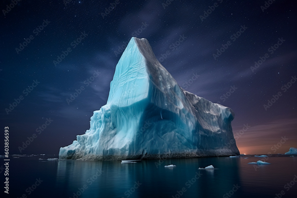 An iceberg at night at sea, stars, Milky Way, aurora borealis in the ...