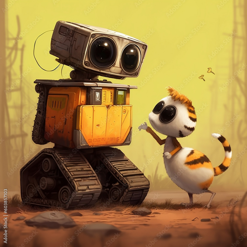wall e kissing a cat. Carrtoon Stock Illustration | Adobe Stock
