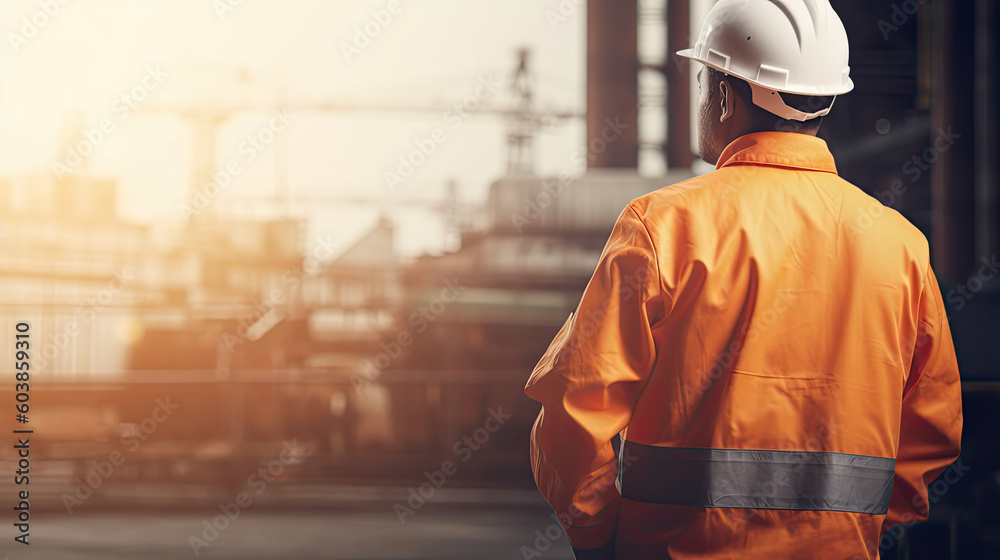 engineer at oil and gas site wearing safety jacket and helmet looking ...