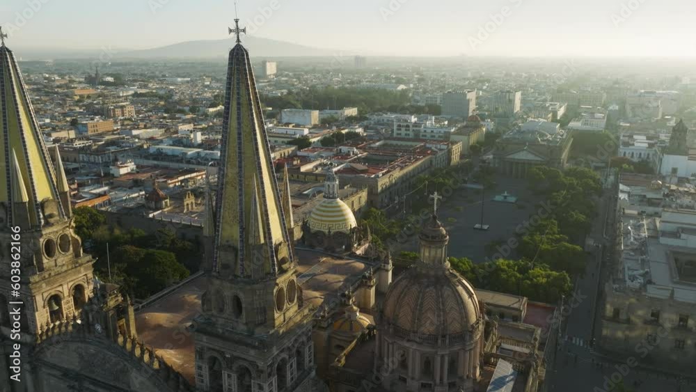 Drone flying backwards from Cathedral of Assumption of Our Lady in ...