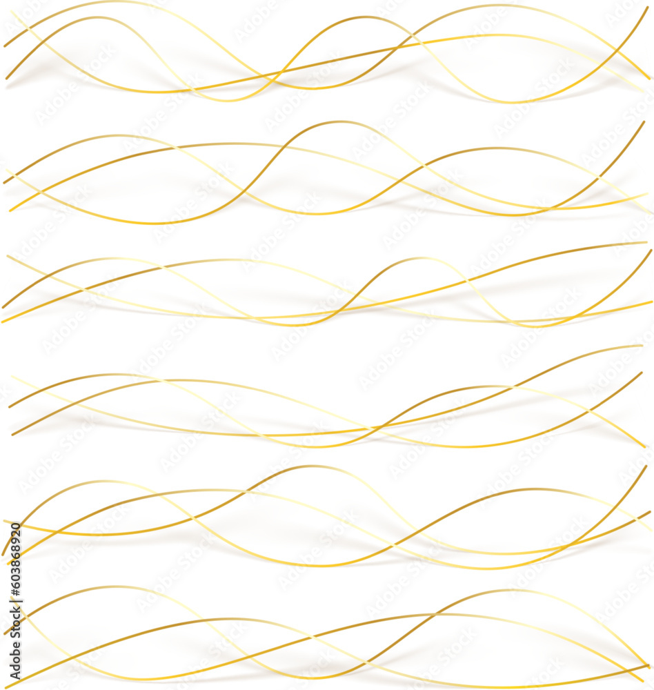 3d wavy gold lines swoosh on white background. Luxury beauty thin curves, swirl as stream flow ...