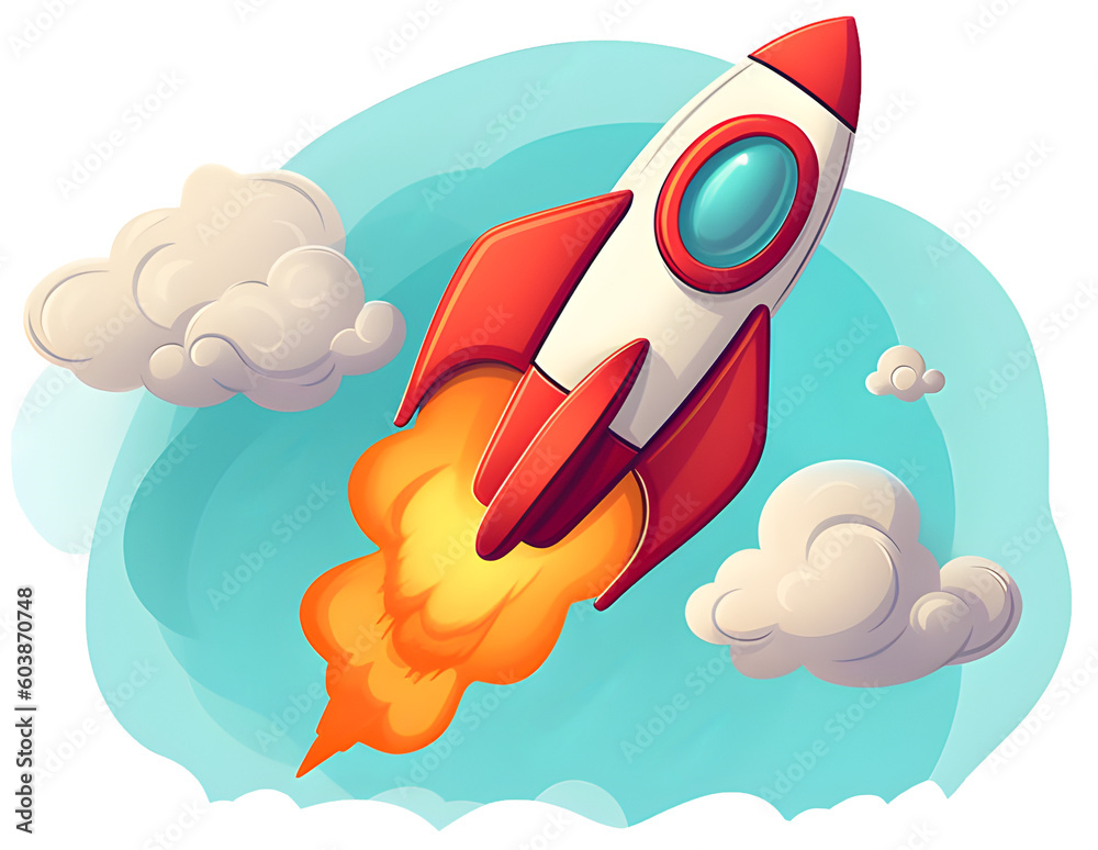 Cartoon rocket in blue skies passing clouds on its way to outer space ...