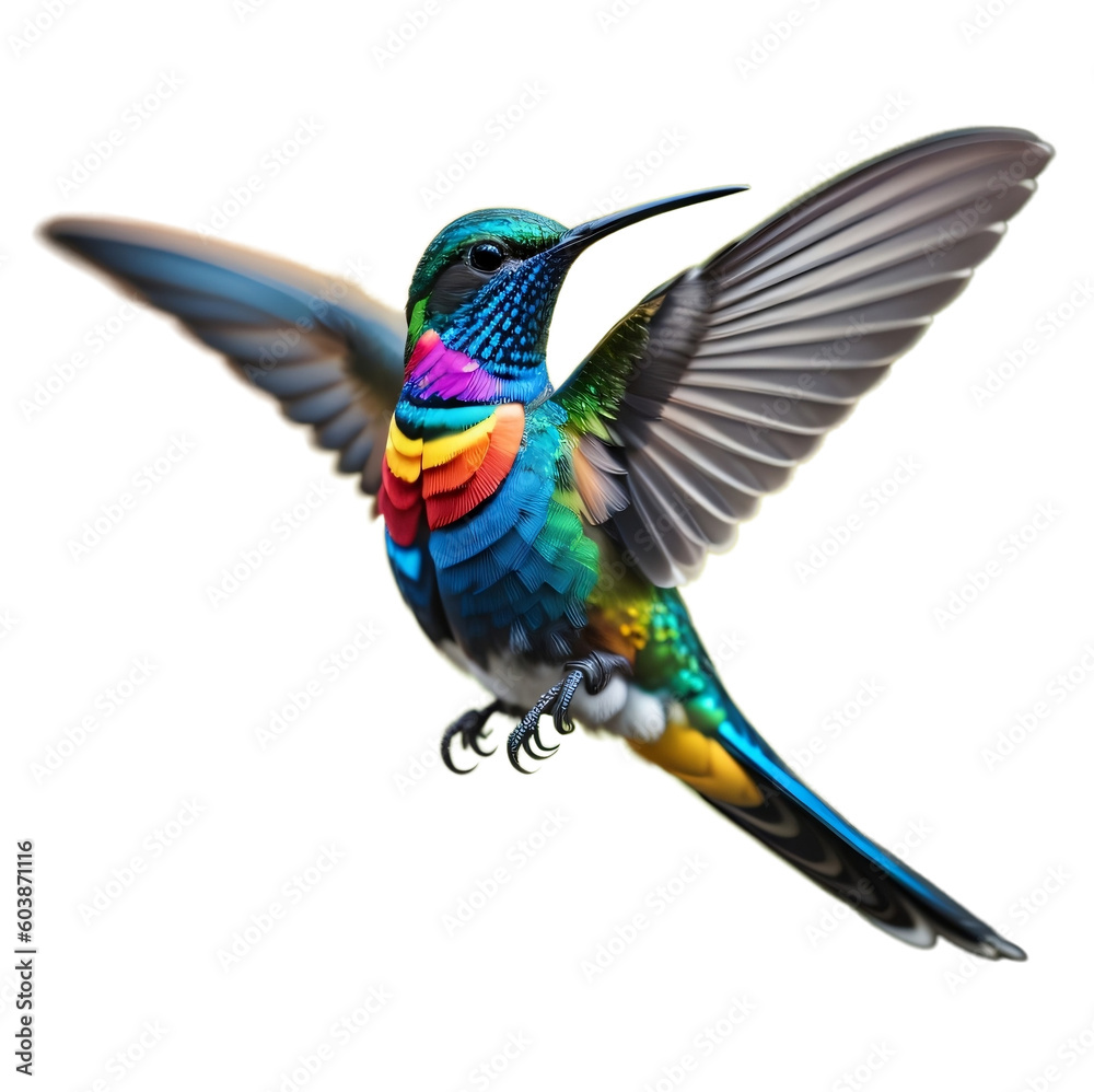 Beautiful rainbow color, flying, sapphire hummingbird, isolated ...
