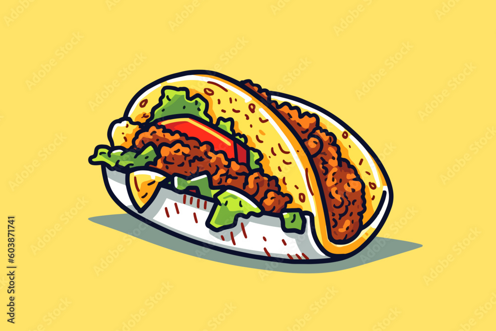 Doodle inspired Tacos al Pastor, cartoon sticker, sketch, vector ...