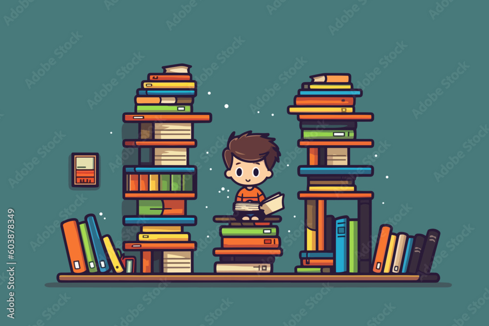 Doodle inspired Kid at library, cartoon sticker, sketch, vector ...