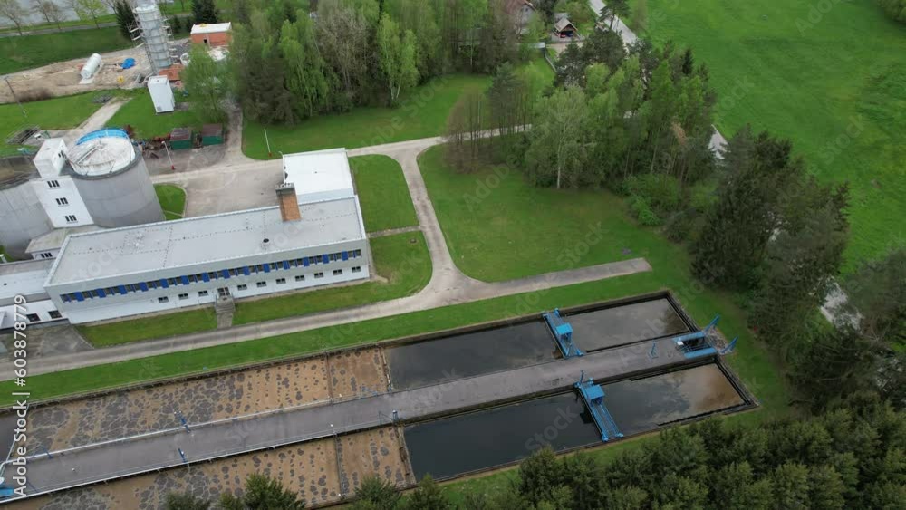 Aerial view of sewage treatment plant, filtration of polluted or waste ...